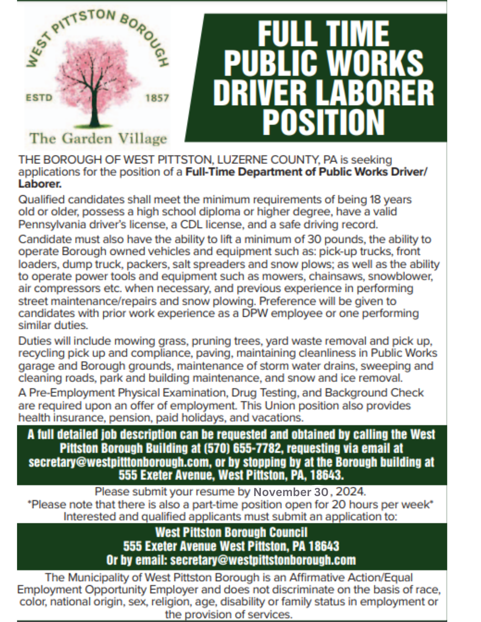 Full-Time Public Works Laborer Position Open! – West Pittston Borough
